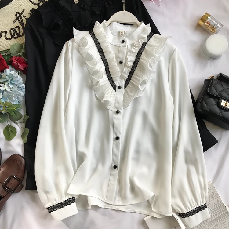 New Spring Women Chiffon Pullover Shirt Pleated Stringy Selvedge Loose ...