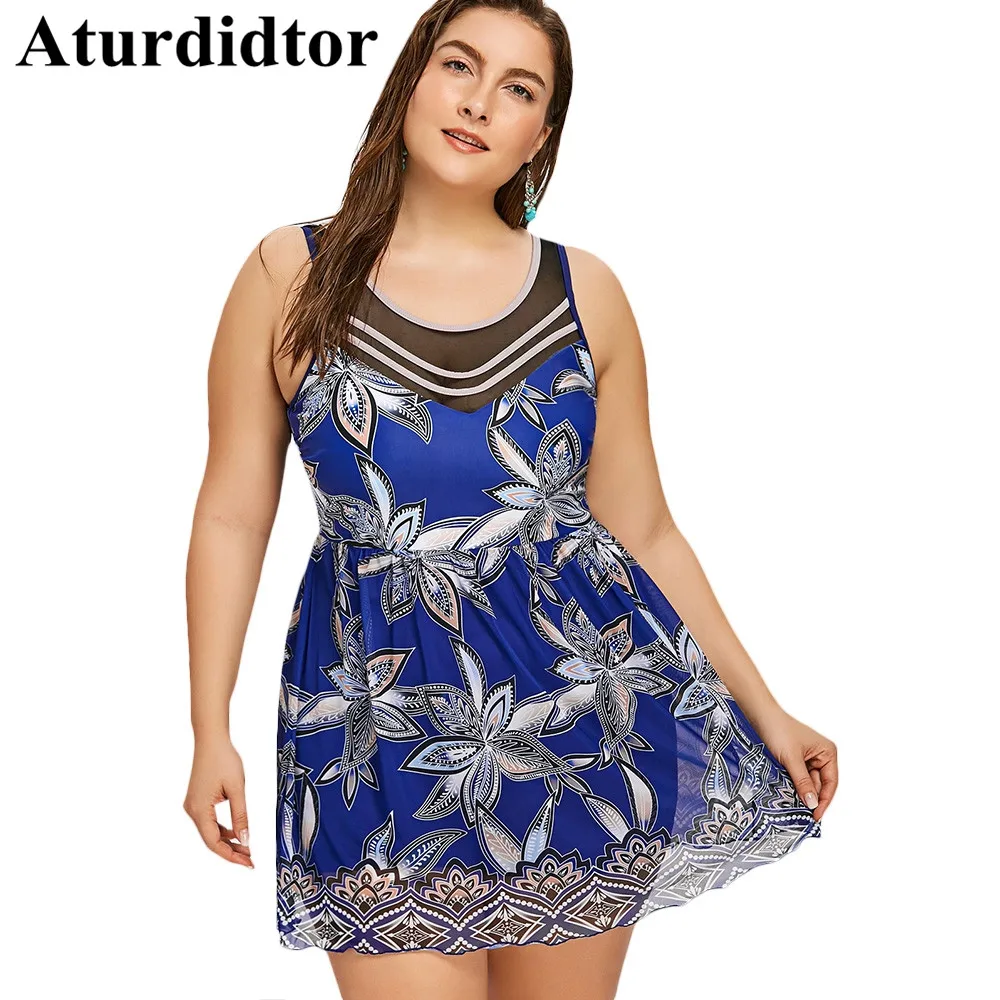 Plus Size One Piece Bathing Suit Mesh Skirted Flower Print Large Size ...