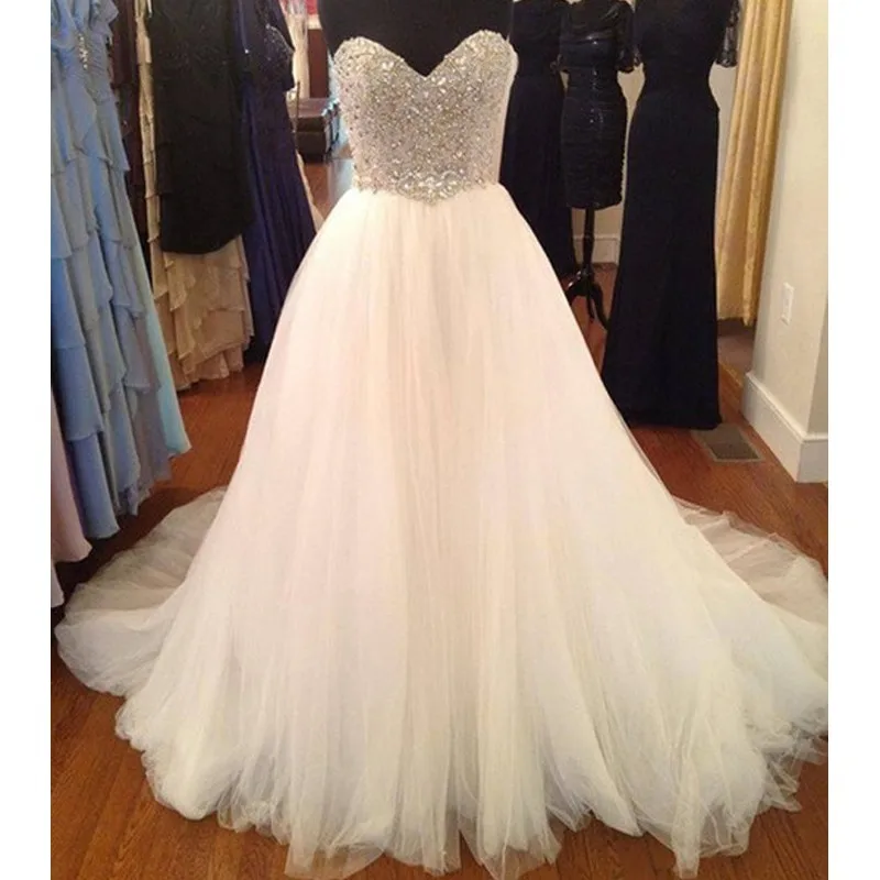 Crystal Beaded Sweetheart White Tulle Princess Prom Dresses 2017 A Line ...