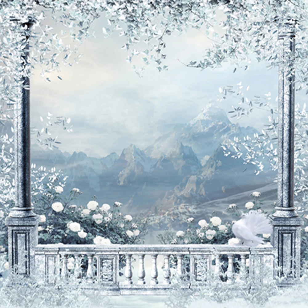 Castle Balcony Winter Scenic Photography Backdrop Printed White Flowers ...