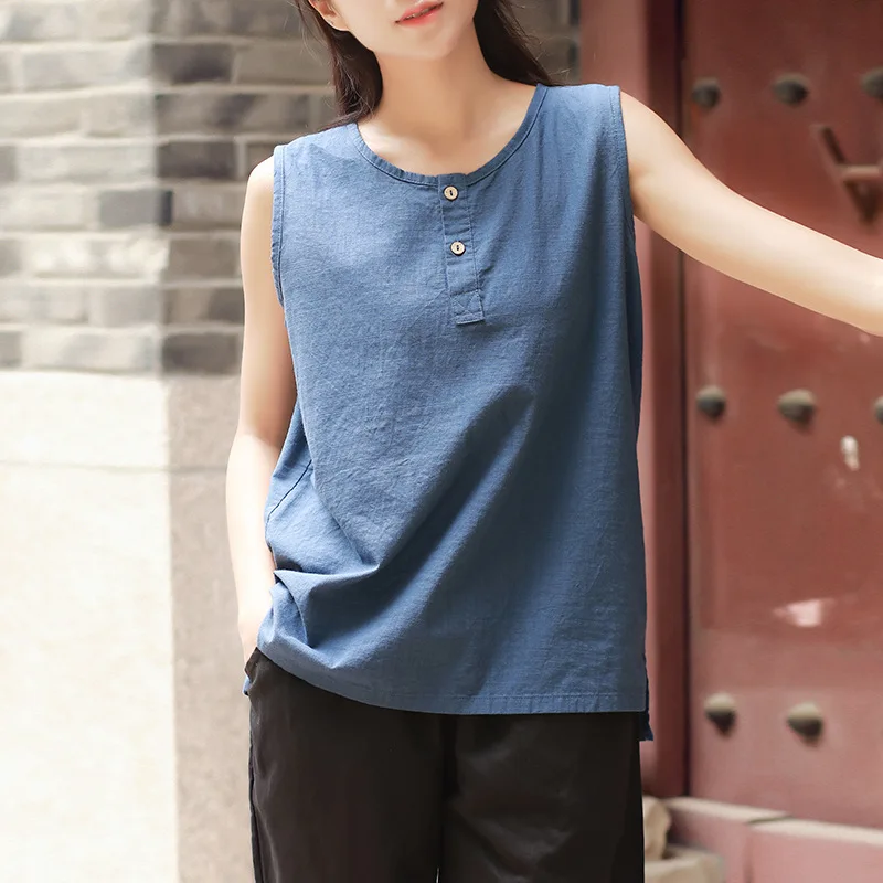 O Neck Sleeveless Solid Color Women Tank Top Chinese Style Cotton Linen ...