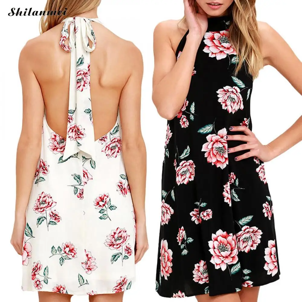 Floral Print Backless Halter Summer Dress Fashion Ladies Casual