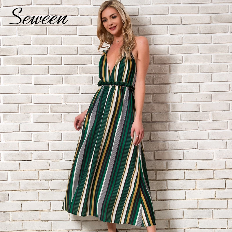 Holiday Beach Summer Dress 2018 Deep V Neck Halter Sleeveless Chiffon
