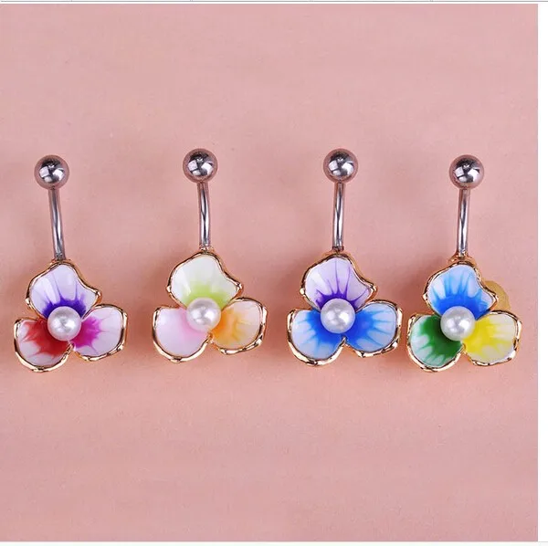 umbilical ring imitation pearl flower Belly Rings 316L MEDICAL steel ...