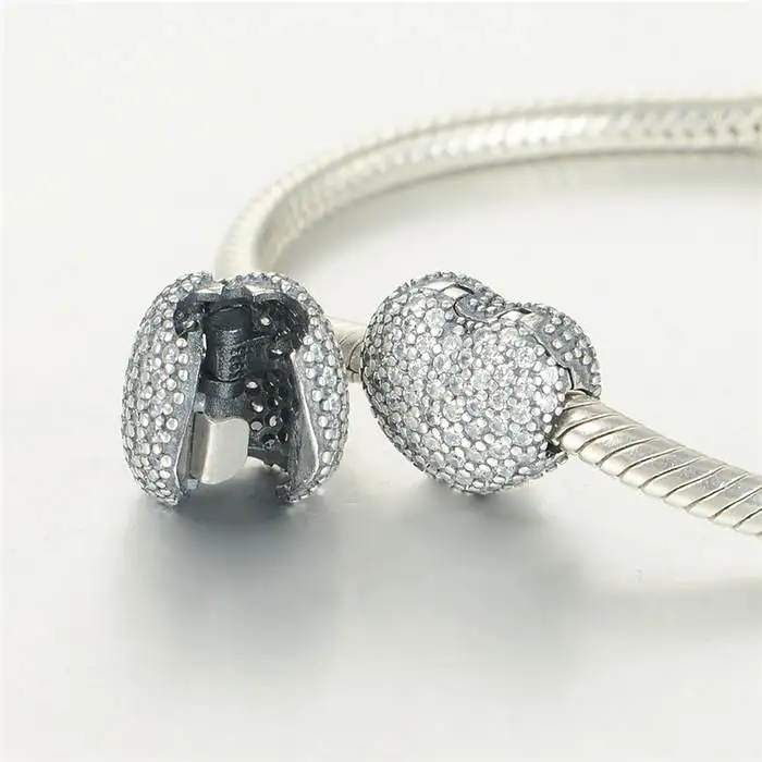 925 스털링 실버 러브 하트 클립 매력 포장 지우기 cz 판도라 매력 팔찌에 적합 diy 쥬얼리 만들기|for pandora|clip charmcharm pave ...