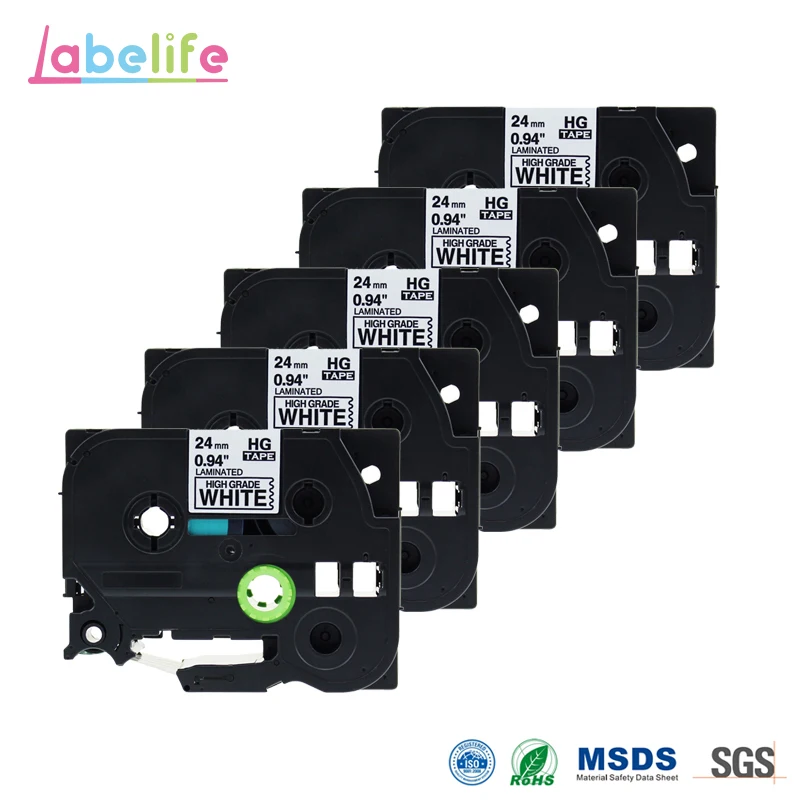 Labelife 5 Pack 24mm Hge-251 Black On White High Grade Tape Hge Tape Hg ...