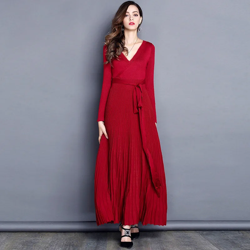 2018 New Fashion Red Winter Long Dress Women Long Sleeve Sexy V Neck ...