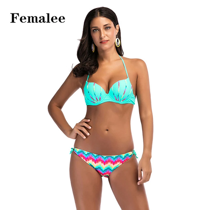 Print Swim Suit Colorful Rainbow Striped Women Bikinis Sets Push Up Bandage Swimwear Retro