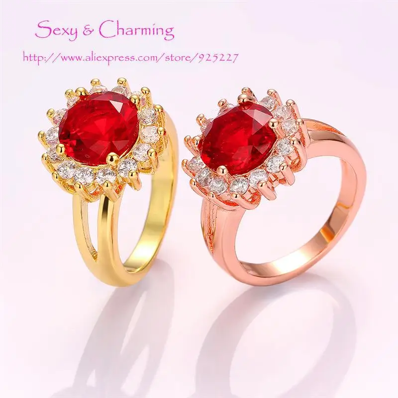 R078 New Arrival Gold Color Zircon Crystal Sunflower RED Rings Fashion ...