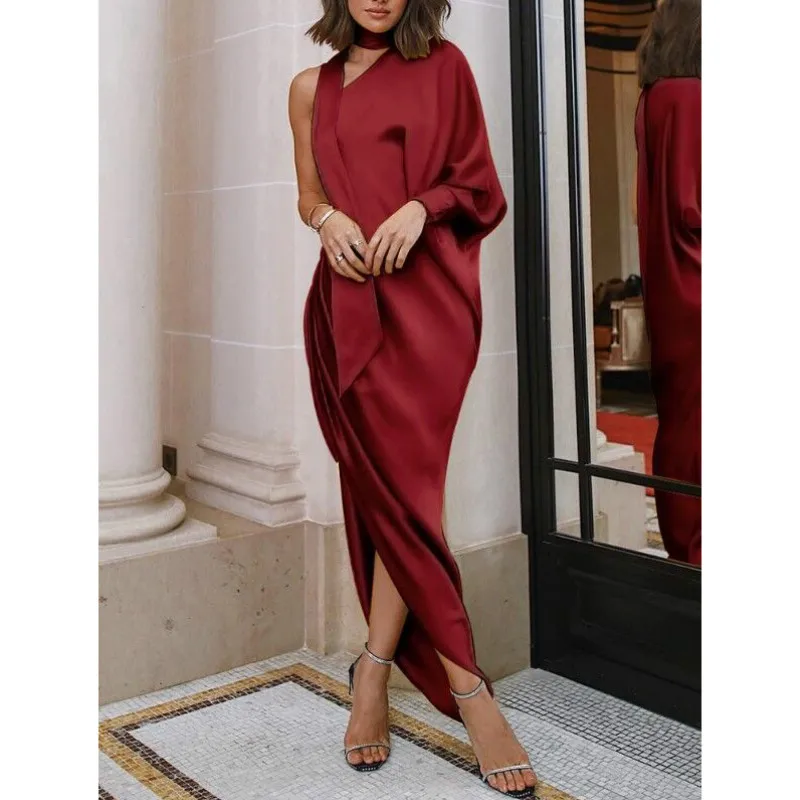 Women One shoulder Pleated Side Slit Dress Batwing Long Sleeve Elegant ...