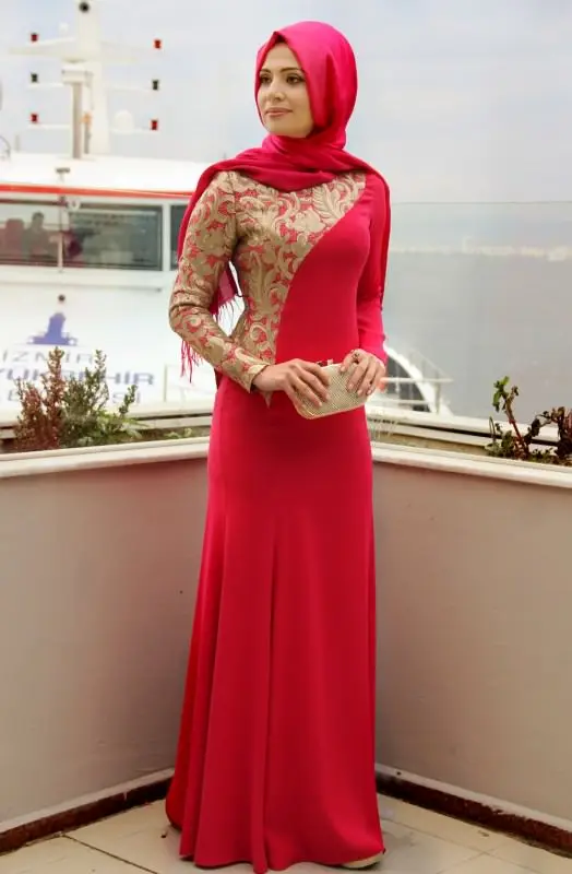 2016 Red Muslim Long Sleeve Formal Evening Gowns For Women Gold ...