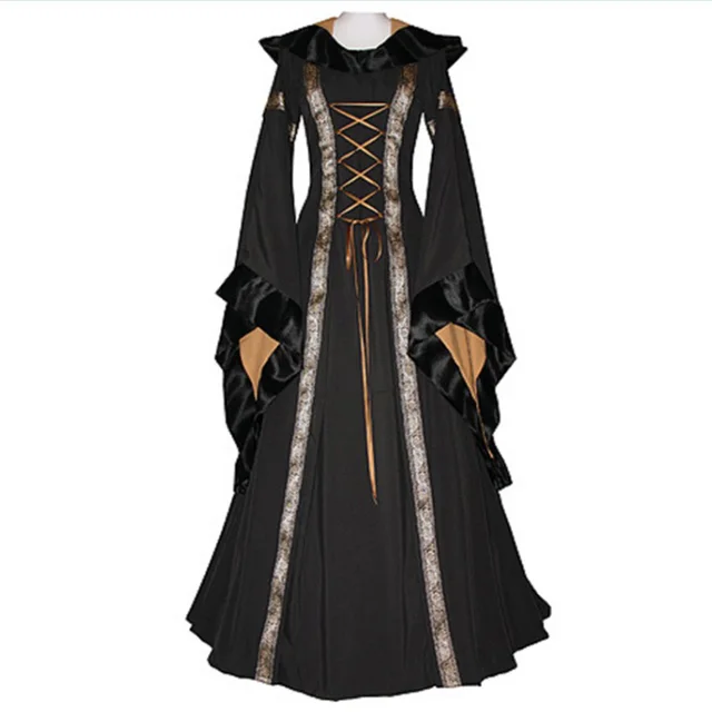 Adult Women Halloween Witch Costume Medieval Court Hooded Gown Robe ...