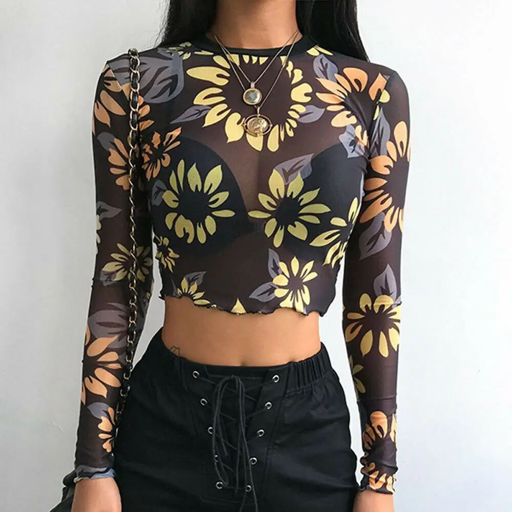 New Fashion Women T Shirt Perspective Sheer Mesh Top Long Sleeve T ...