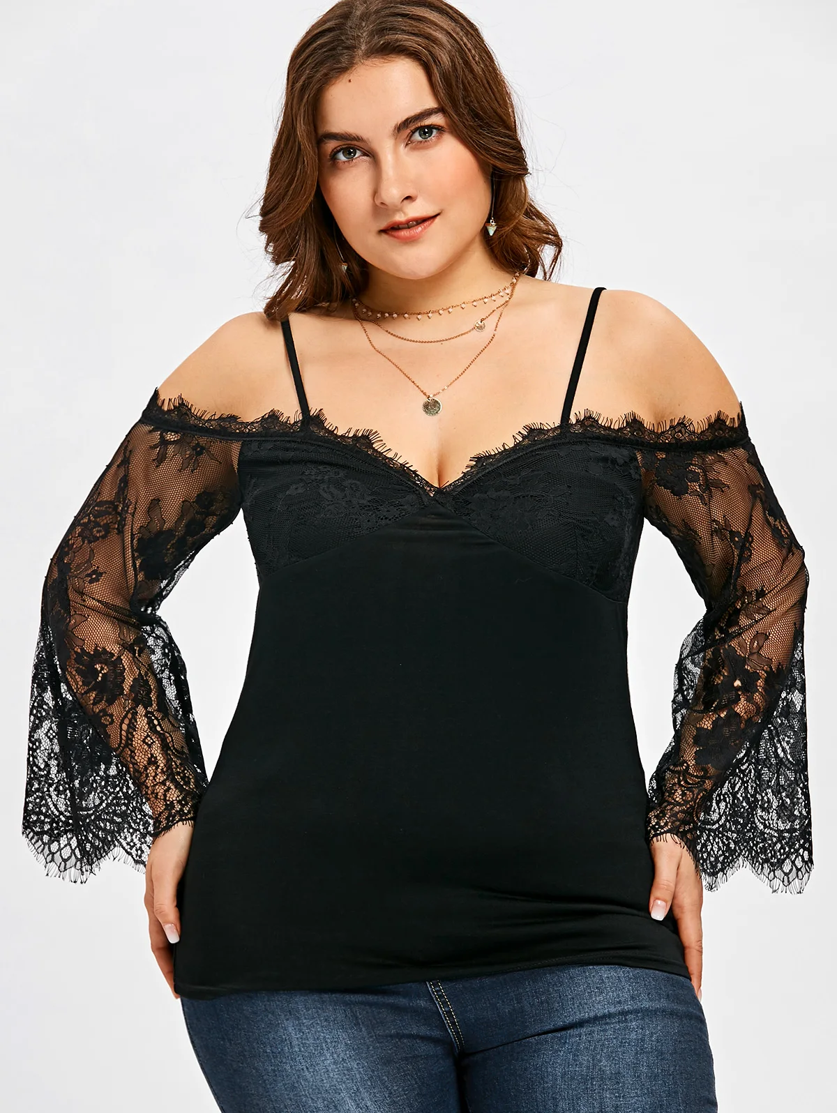 Wipalo Plus Size Sheer Lace Bell Sleeve Blouse Summer Blouses Spaghetti Strap Long Sleeves Women