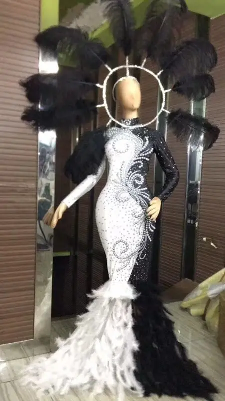 Women Feathers Long Dress Sparkly Pearls Rhinestones Trailing Dresses ...