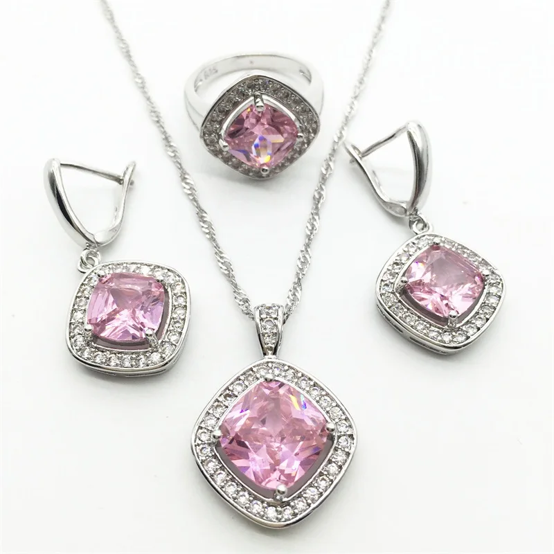 Charming-925-Sterling-Silver-pink-Jewelry-Set-Earrings-Pendant-Necklace ...