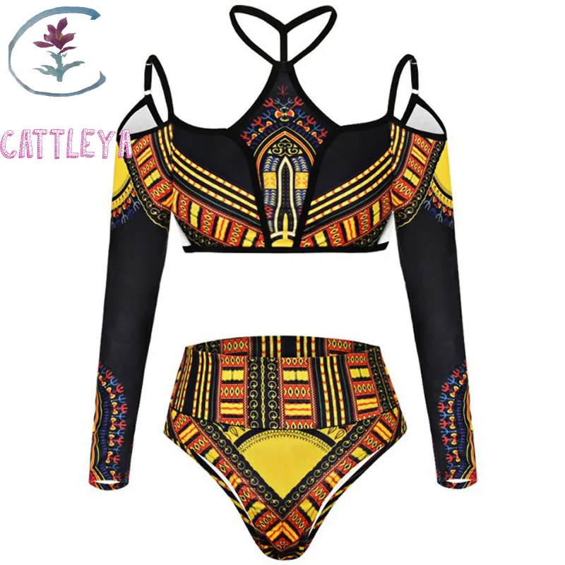 Cattleya African Dashiki Print High Waist Bikini Swimsuit Long Sleeve