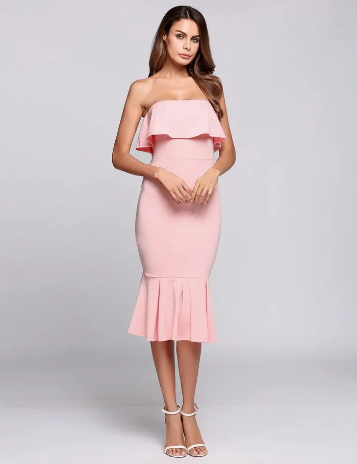 Women Fashion Solid Pink Ruffle Neck Sleeveless Sexy Evening Party ...