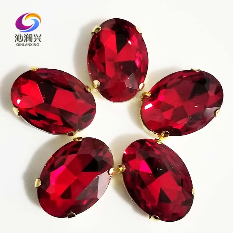 Red Oval Shape High Quality Glass Crystal Sew on Stones,golden Bottom ...