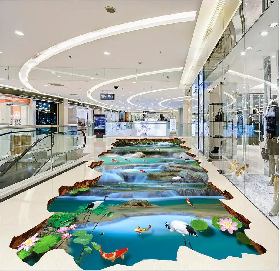 3d-flooring-Waterfall-river-carp-lotus-outdoor-scenery-pvc-self ...