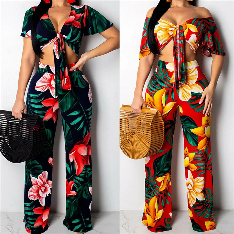 Conjuntos de mujer, Tops florales, pantalones acampanados, conjuntos de ...