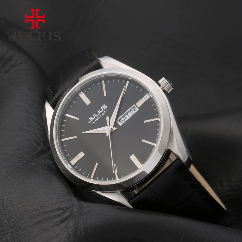 Julius Brand Logo Classic Unisex Steel Leather Strap Auto Date Day ...