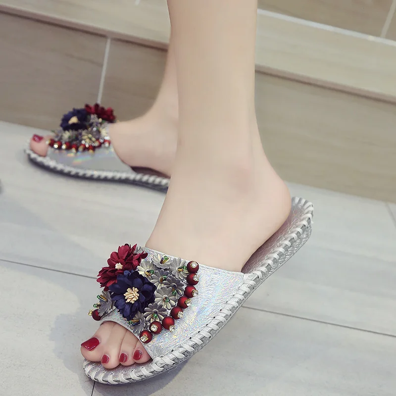 fashion all match flower sandals women handmade sewing open toe slides ...