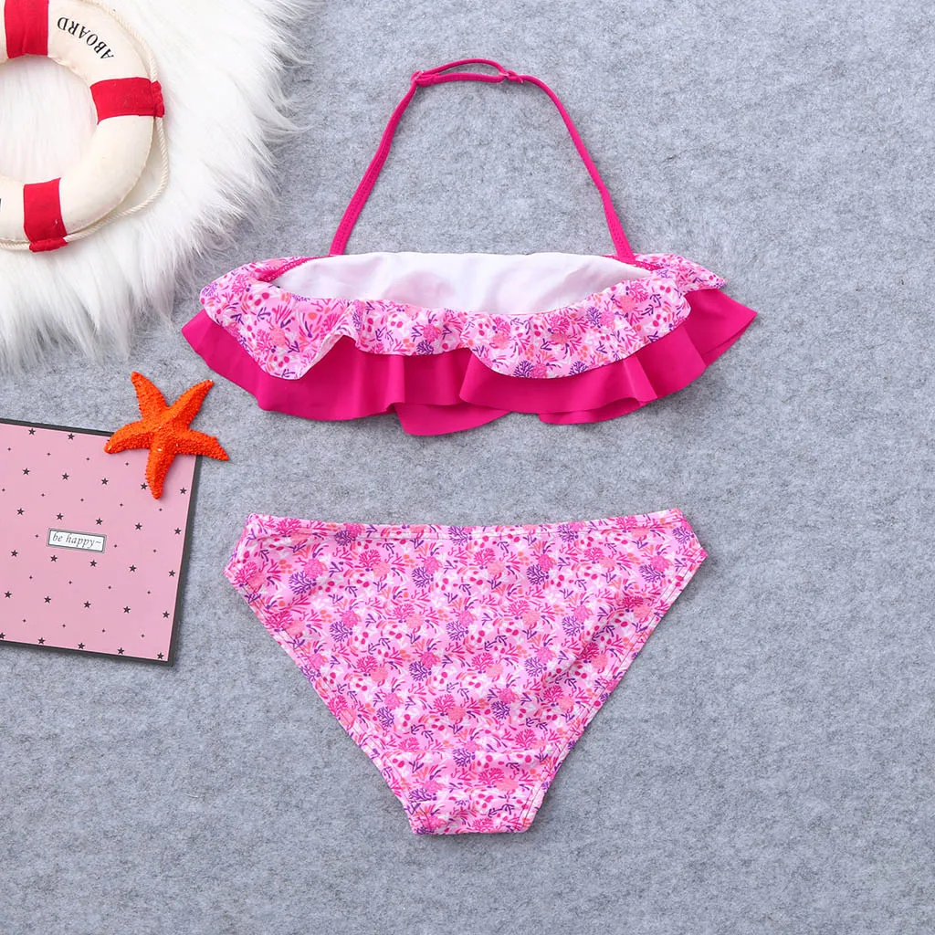 2019 Girls Ruffles Floral Print Bikini Children Halter Summer Swimwear ...