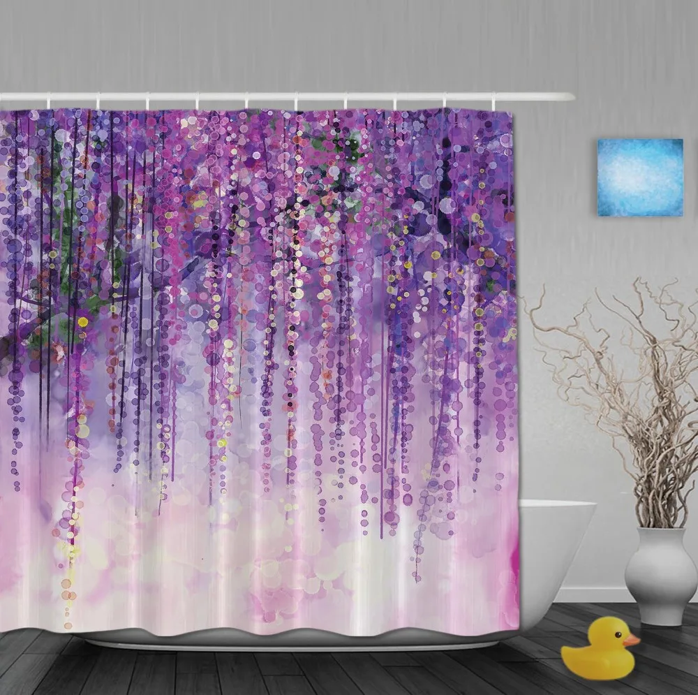 Art Printing Shower Curtain Spring Landscape Purple Floral Bathroom