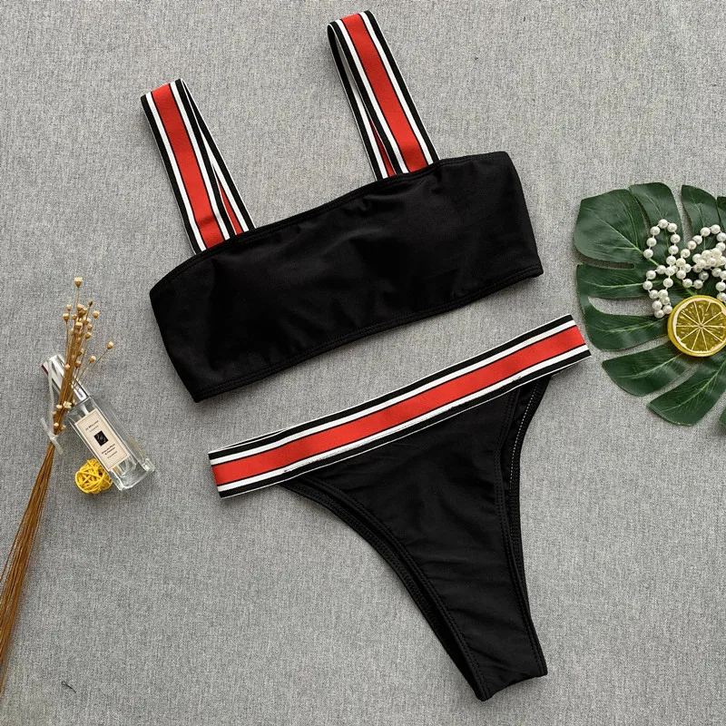 2019 venus vacation Pure color bikini ribbon stitching swimsuit ...