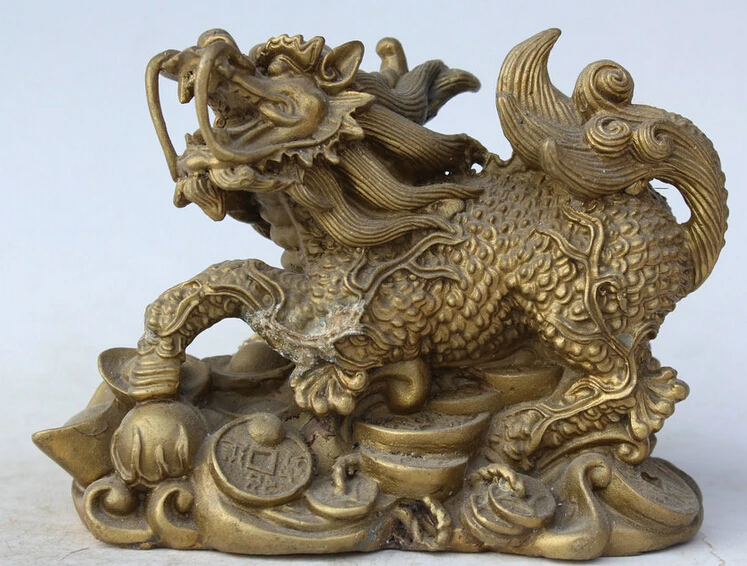 6" Chinese Brass Kylin Chi lin Qilin Dragon Beast Wealth Rich Statue ...
