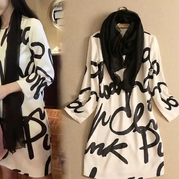 Lady casual dress Letters printed sleeve dress white ol dress with ...