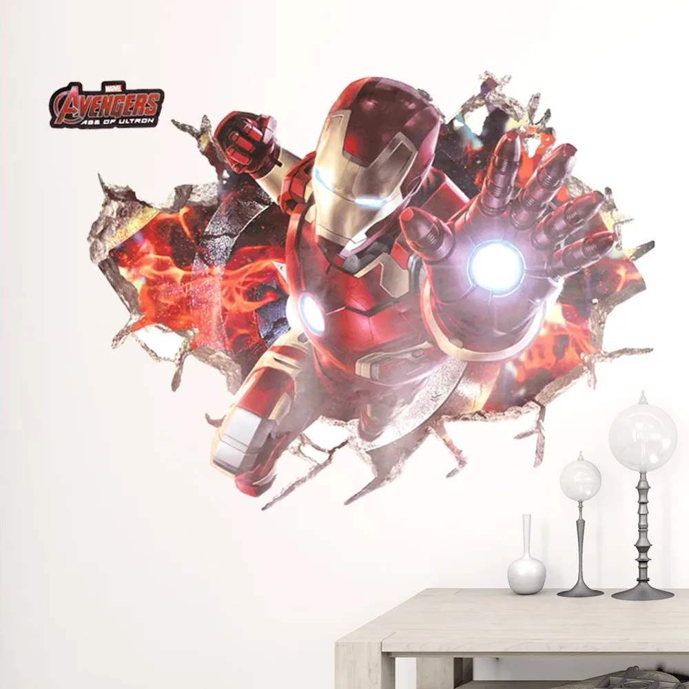 3D Effect Iron Man Hero Through Wall Stickers For Kids Rooms Nursery ...
