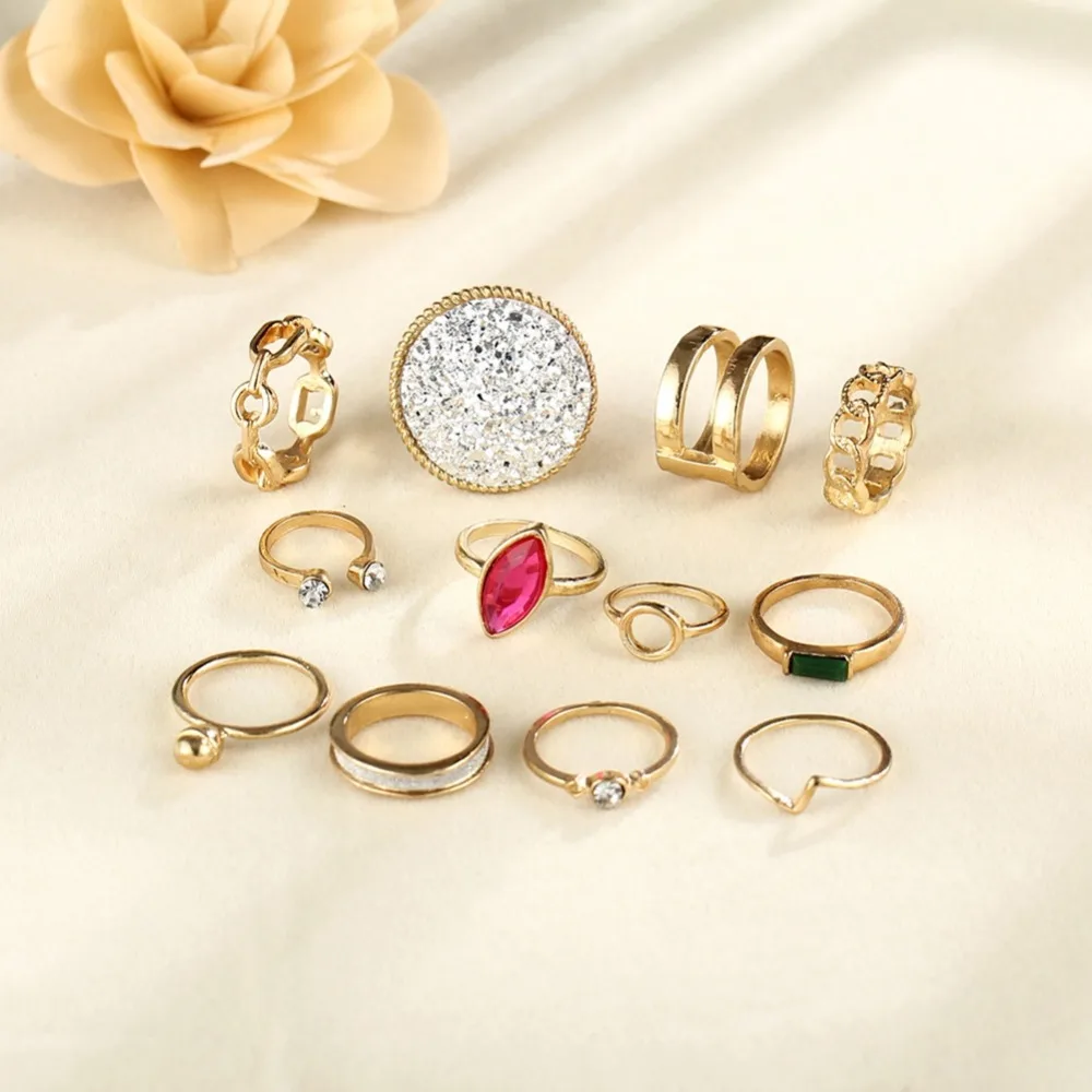 12PCS/Lot Golden Rings Set For Women With Colorful Crystal Fashion ...