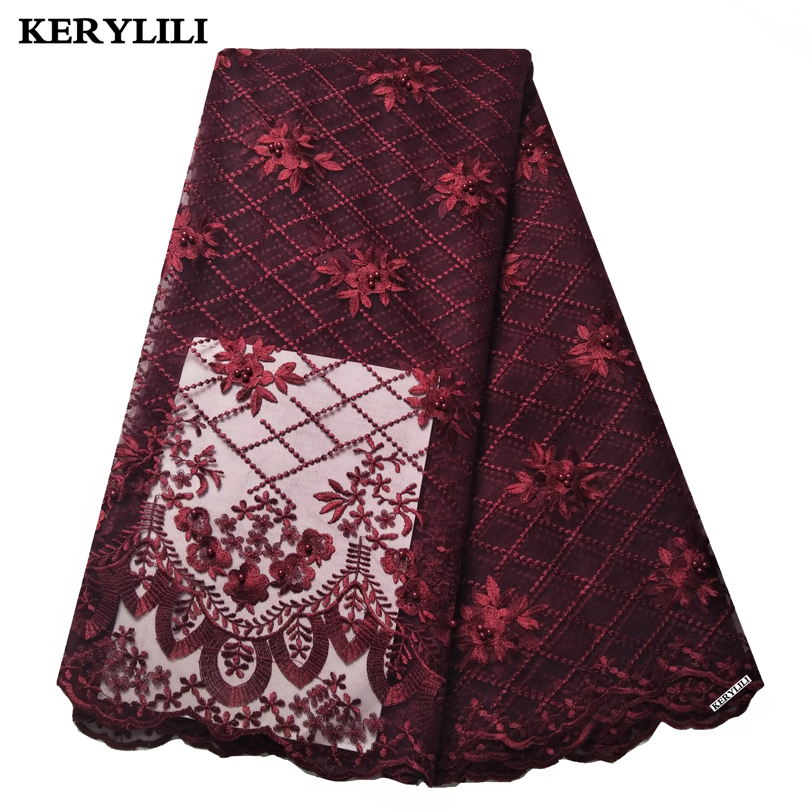 Wine Red African Lace Fabric Beads Tulle French Lace Rhinestone Wedding ...