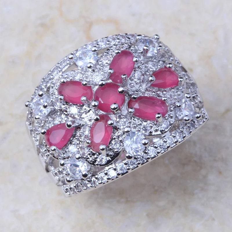 Luxurious Red Cubic Zircon White Crystal Silver Colour Ring For Women ...