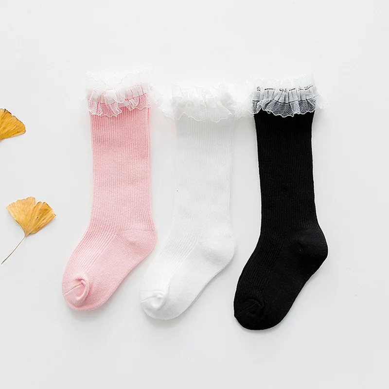 Girls Knee High Socks With Lace Cotton Solid Princess Cute Season ...