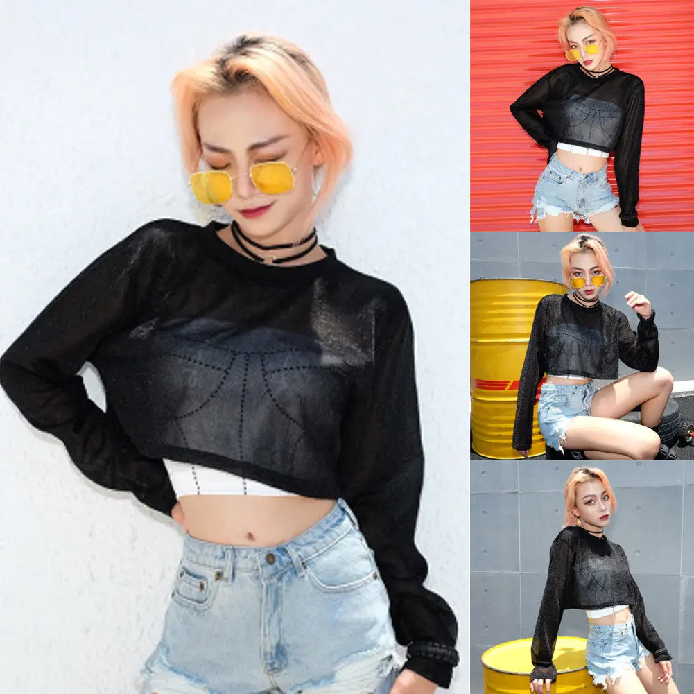 Sexy Transparent Black Mesh Sheer Shirts Crop Top Women Hollow Net Long ...