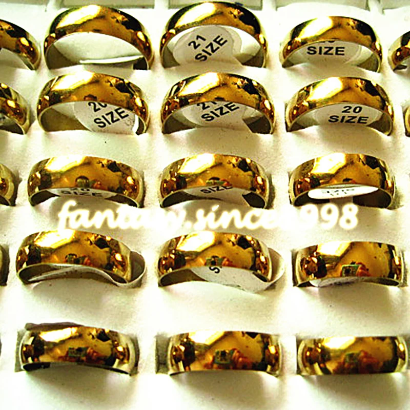 Wholesale-Bulk-Lots-50pcs-Gold-Color-Plated-Band-Stainless-Steel-Rings ...