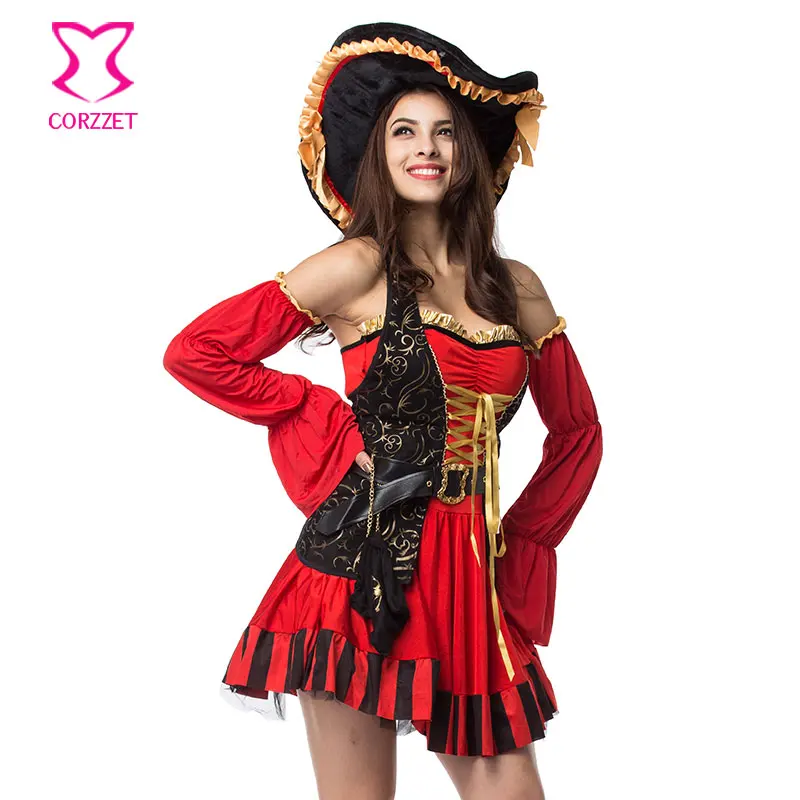 Corzzet Red Long Sleeved Pirate Costume Adult Women Halloween Party Sexy Matador Pirate Captain