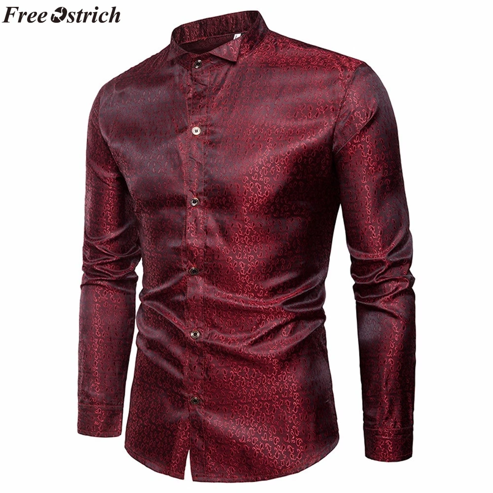 Free Ostrich New Silk Satin Shirt Men Chemise Homme 2019 Fashion Mens
