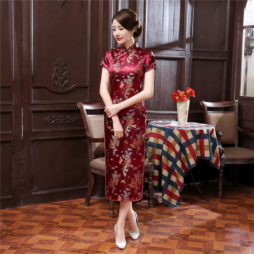 Chinese Traditional Cheongsam Women S Silk Satin Dragon Phoenix Dress ...