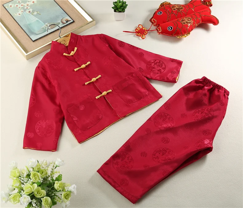 Kids Chinese Tradition Cloth Set Autumn Satin Embroidery Dragon Red ...