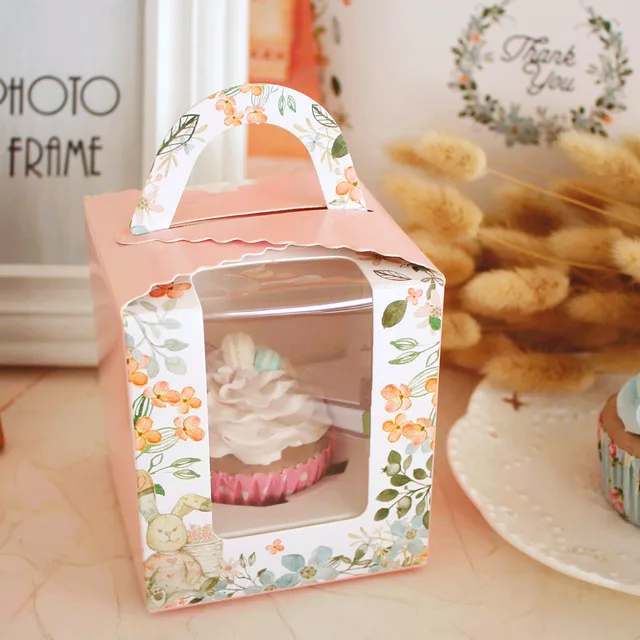 50 x Pink Cute Single Cupcake Box with Portable Handle Pudding Mousse ...