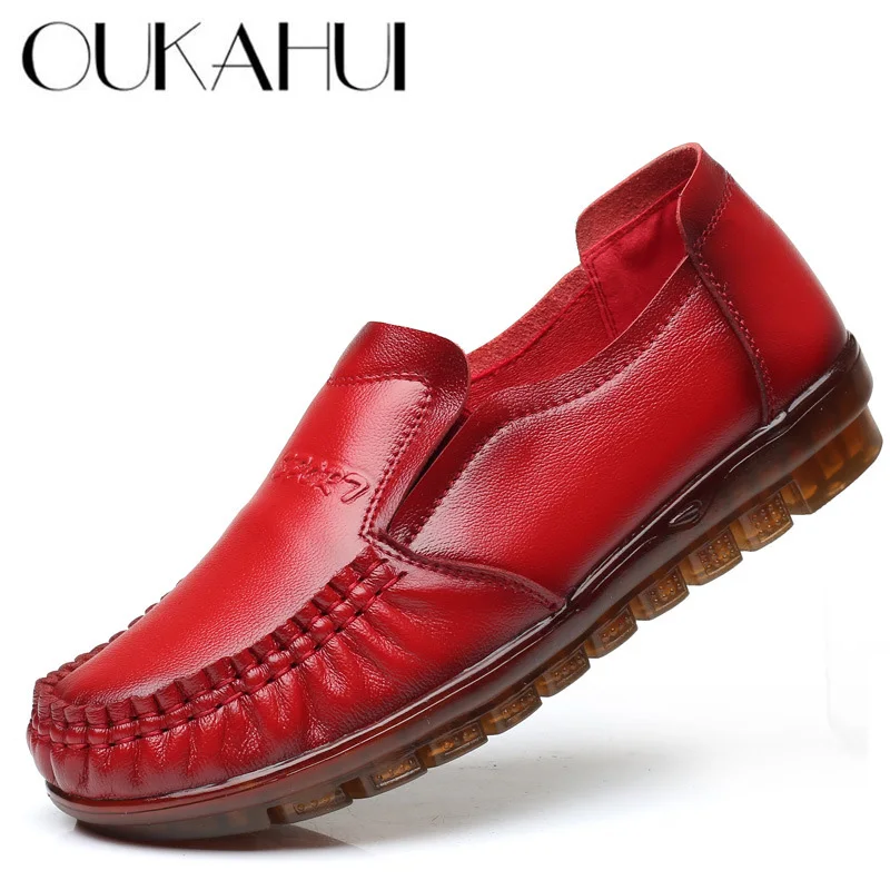 OUKAHUI zapatos planos de cuero de vaca genuino para mujer, calzado sin cordones, plisado, suave ...