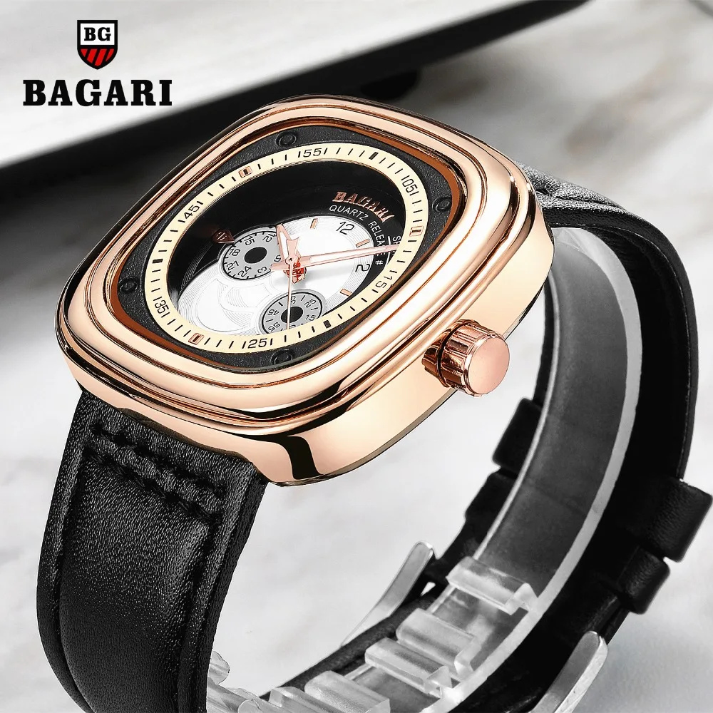 BAGARI Men Watch Square Dial Sport Quartz Watches Brand Luxury Gold ...
