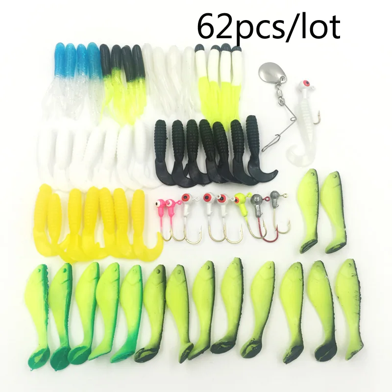 62PCS Soft Worm Lure Carp Fishing Lure Set Lead Head Jig Hooks ...
