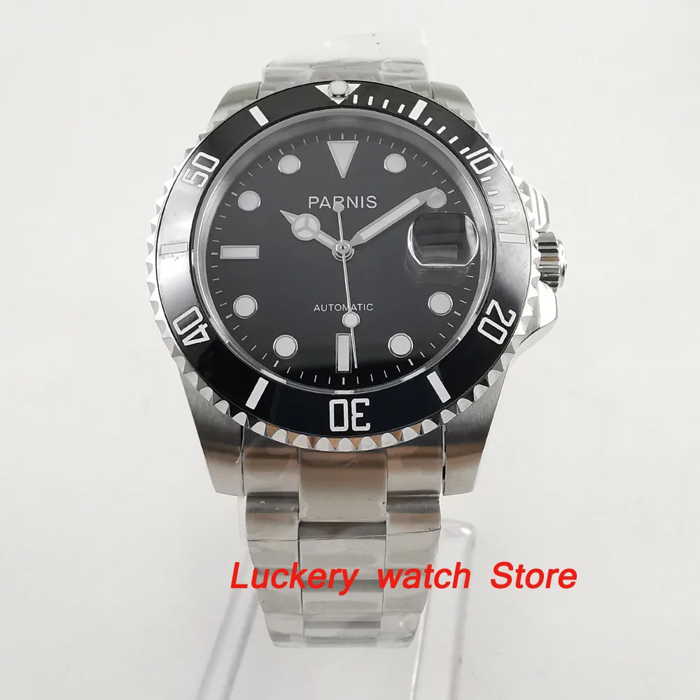 Parnis 40mm 남성용 시계 블랙 다이얼 야광 쇼 사파이어 글래스 블랙 세라믹 베젤 오토매틱 무브먼트|기계식 시계 ...