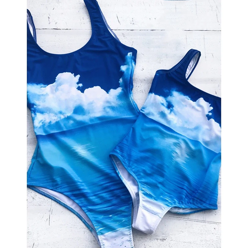 Family Matching Mother Daughter Swim Suits print blue 2018 summer ...