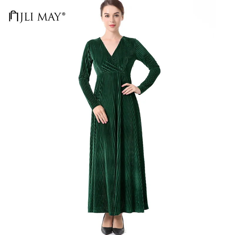 JLI MAY Women velvet maxi dress red sexy v neck long sleeve high waist ...